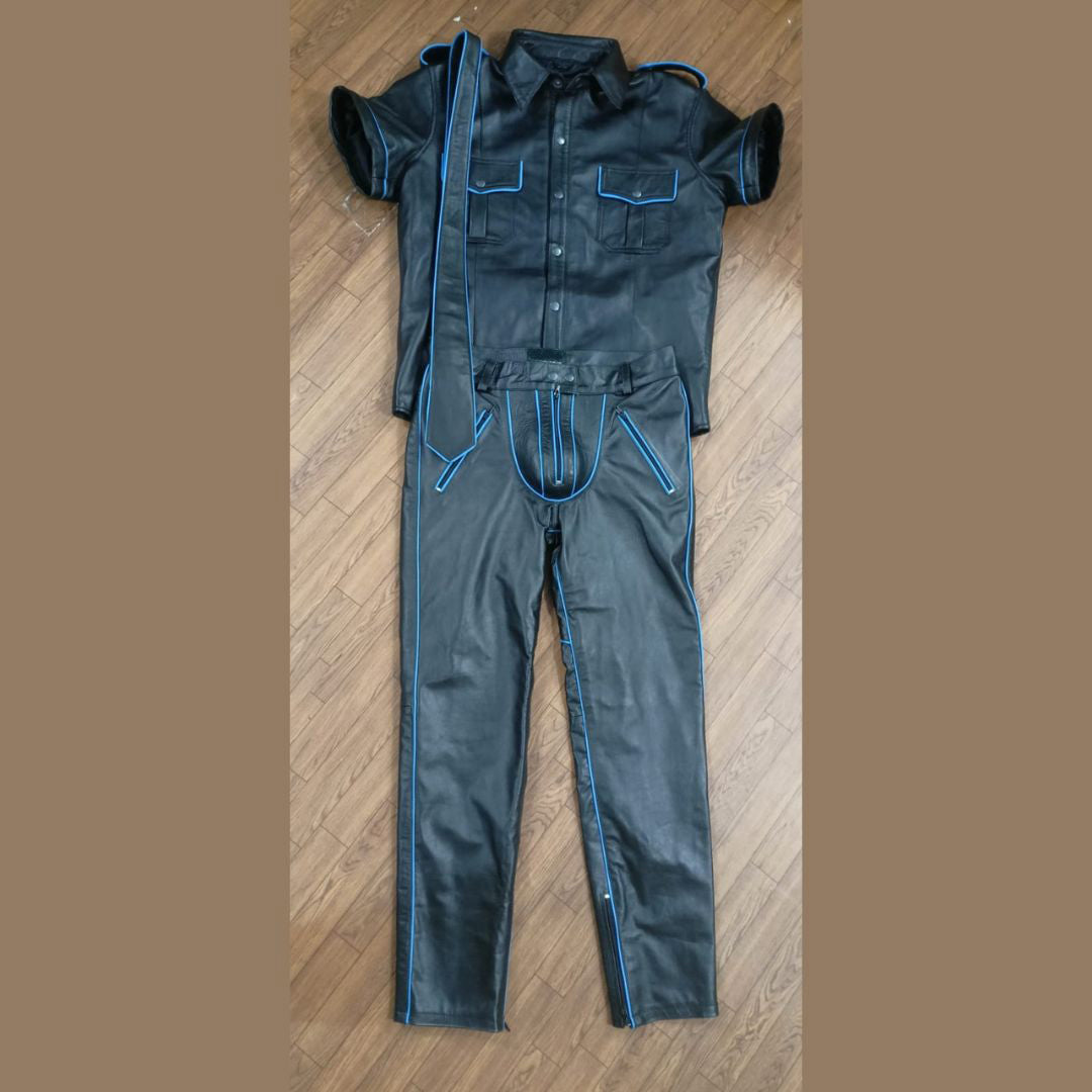 Men's Real Leather Police Uniform Set Pants, Shirt & Tie With Blue Pip ...